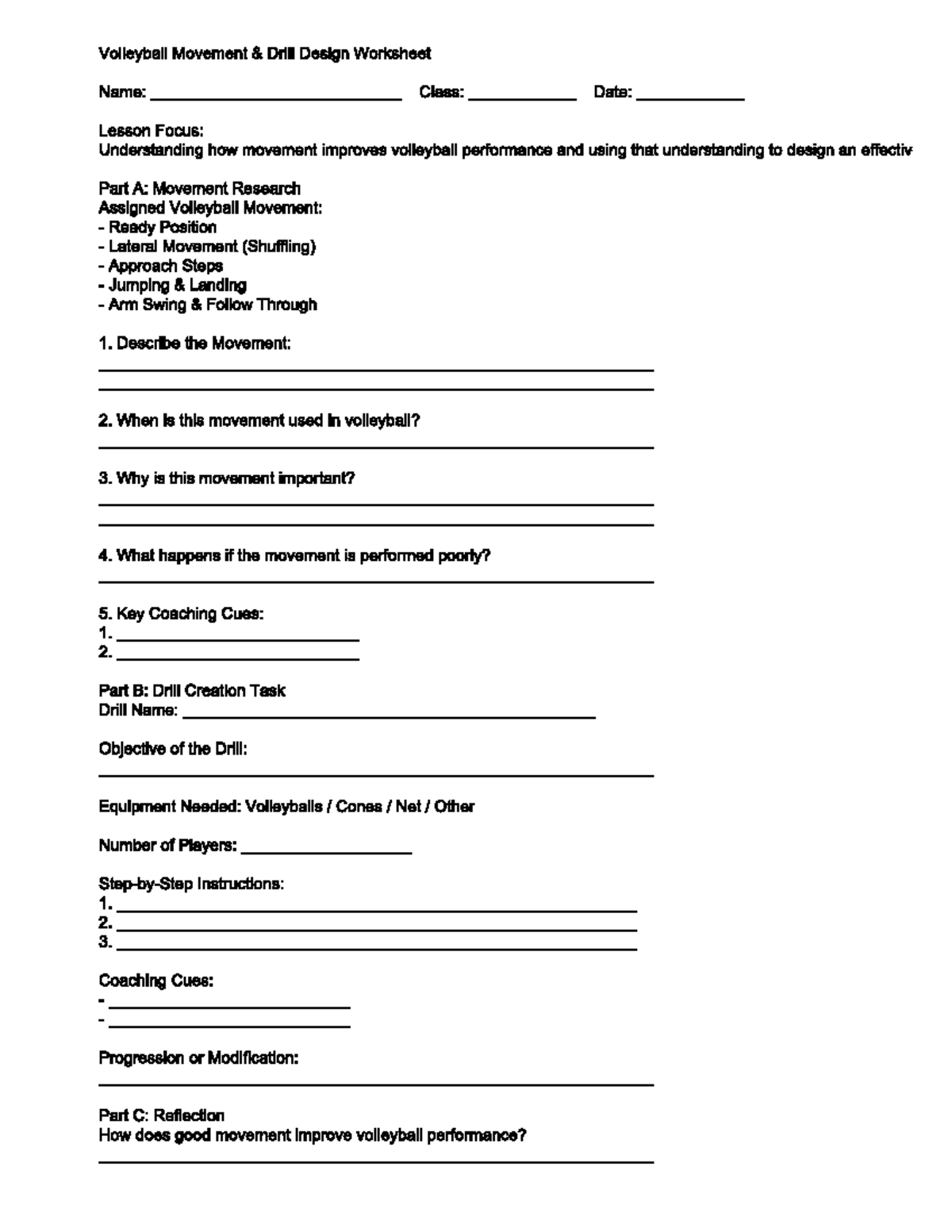 Volleyball Movement Drill Design Worksheet (Class: Lesson Focus) - Studocu
