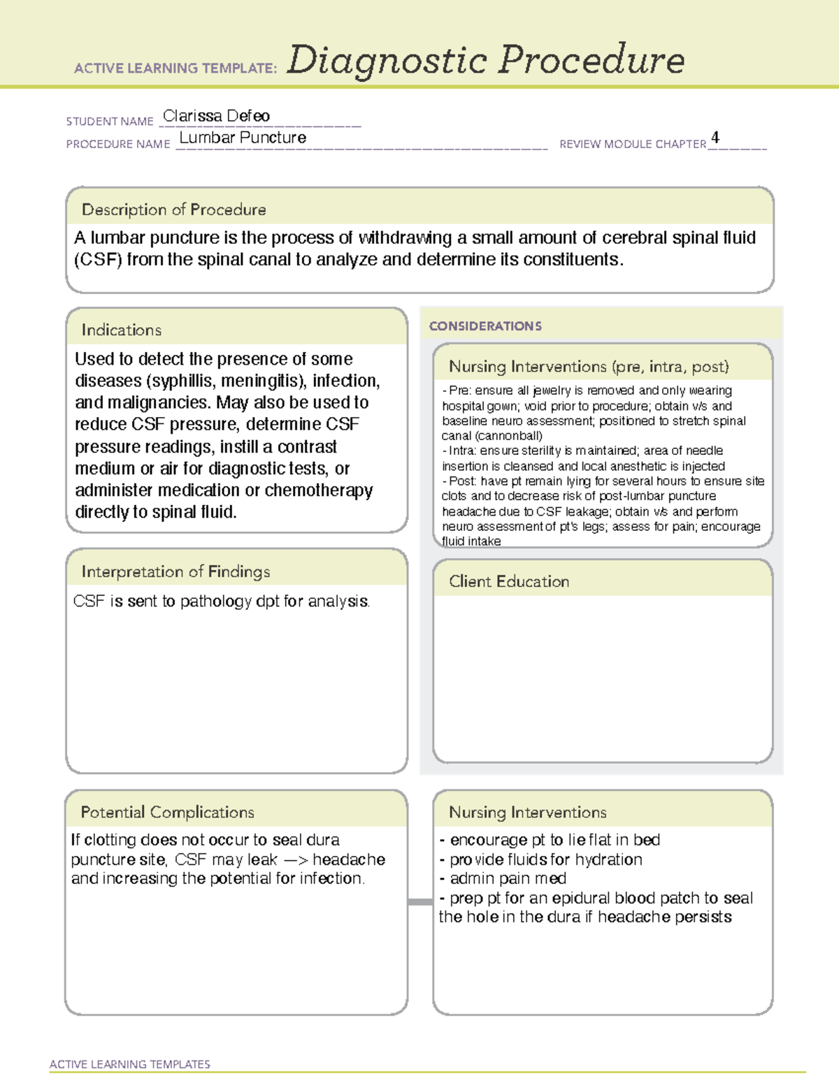 ACTIVE LEARNING TEMPLATE: Lumbar Puncture Procedure Review - Studocu