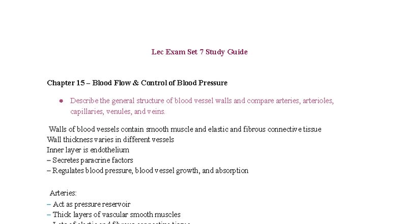 Physio Lec Exam 7 Study Guide: Blood Flow Control & Resp Mechanics - Studocu