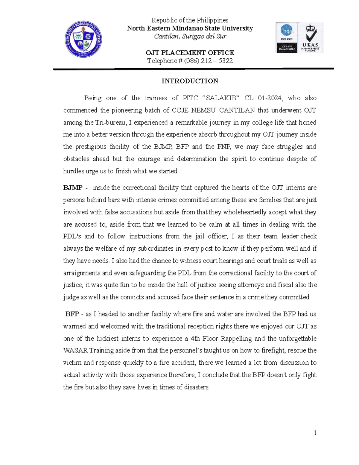 OJT Experience Journal: Insights from BJMP, BFP, and PNP - CCJE 2023 ...