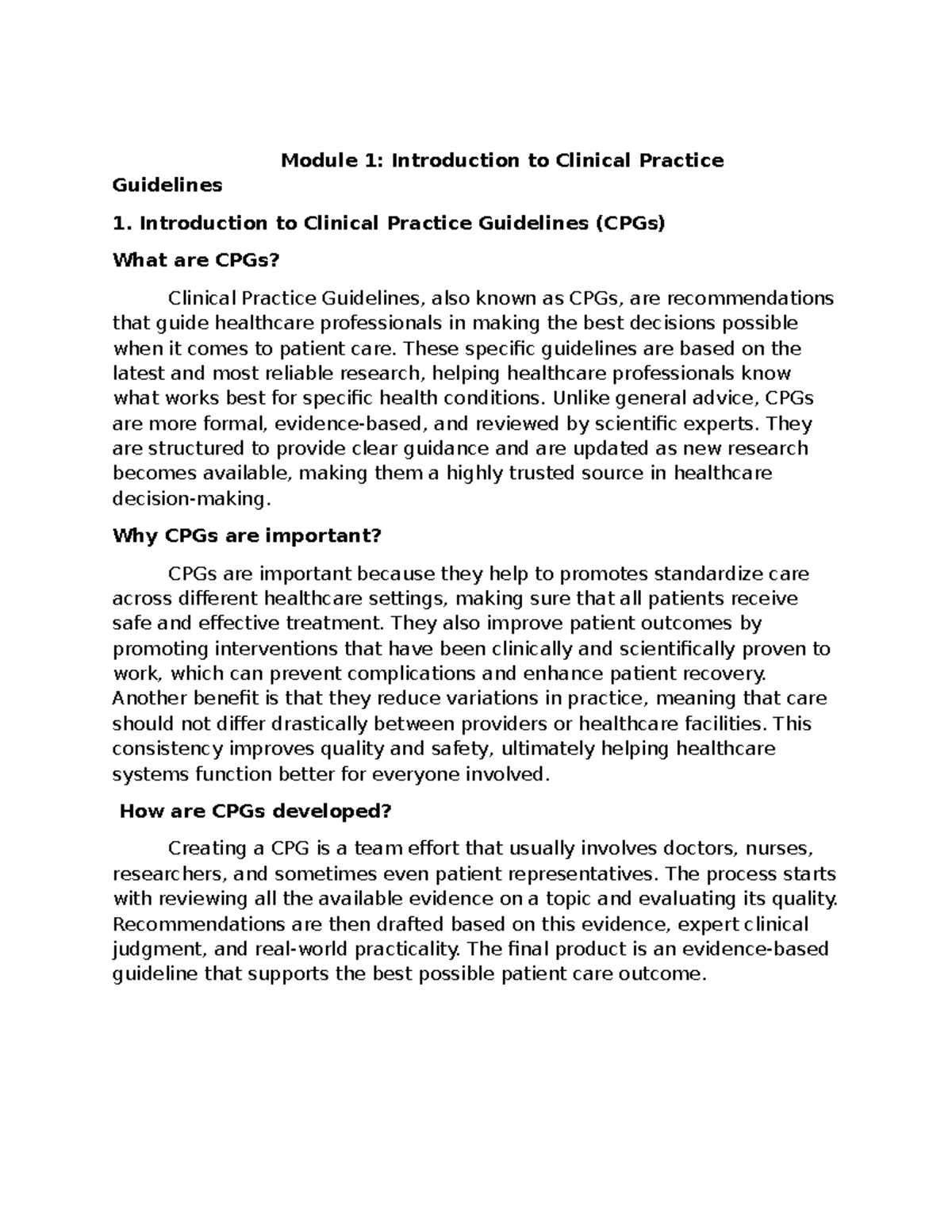 Module 1: CPGs in Clinical Practice - Key Insights and Importance - Studocu