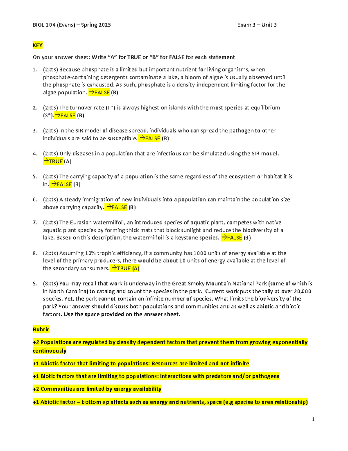 BIOL 104 (Evans) Spring 2025 Exam 3 Unit 3 Answer Key - Studocu
