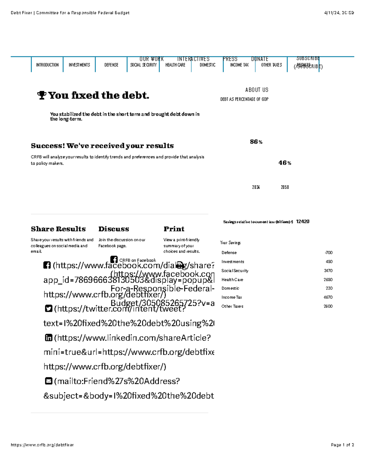 Debt Fixer Results: Committee for a Responsible Federal Budget - Studocu