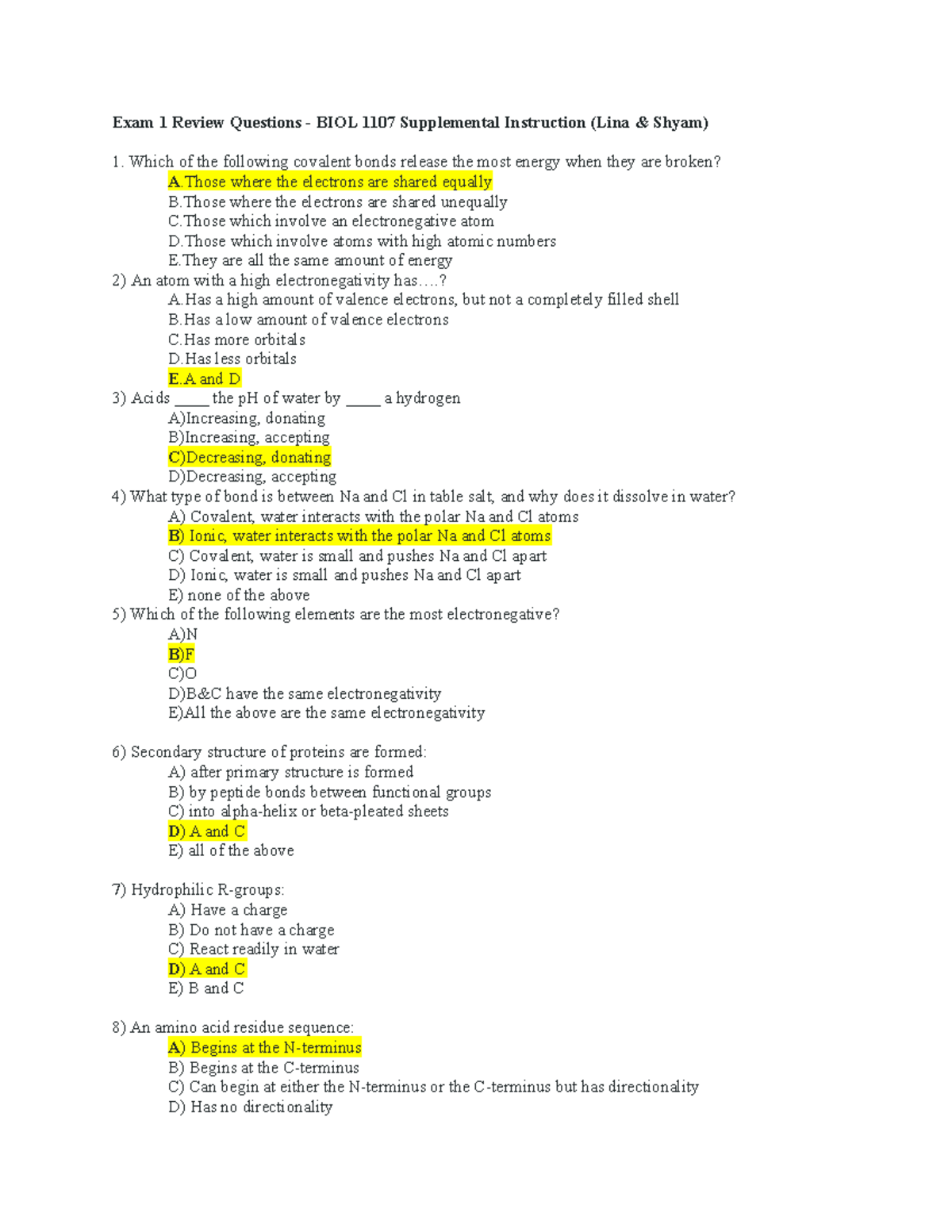 Answer Key for BIOL 1107: SI Exam 1 Review Questions - Studocu