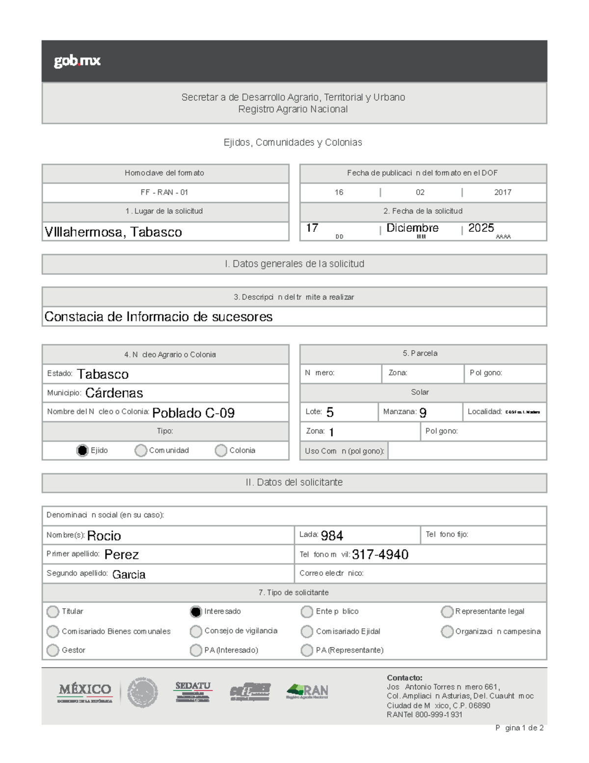 Formato Ff Ran 01 Solicitud De Constancia De Información Sucesores
