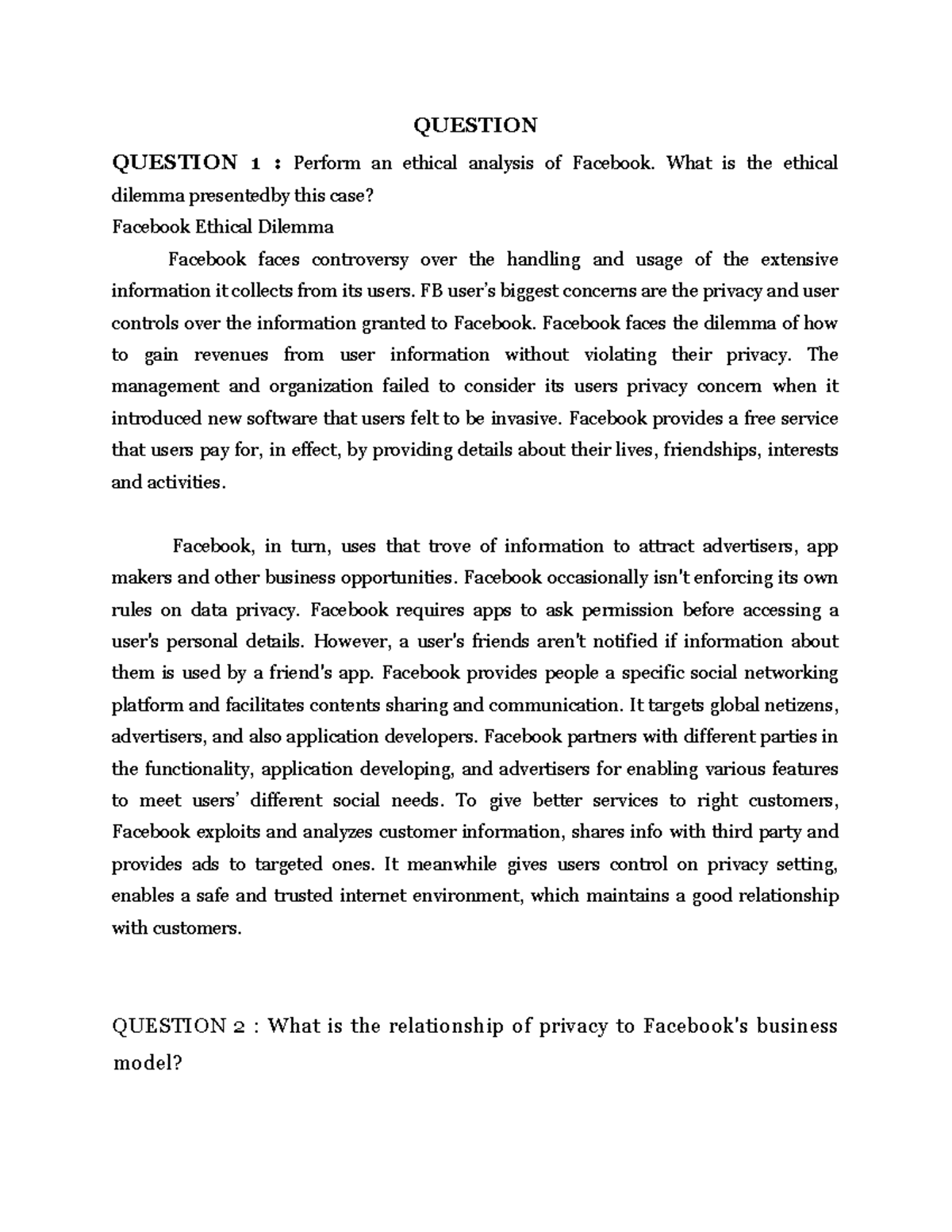 Facebook's Ethical Dilemma: Privacy vs. Profit in Business Model - Studocu