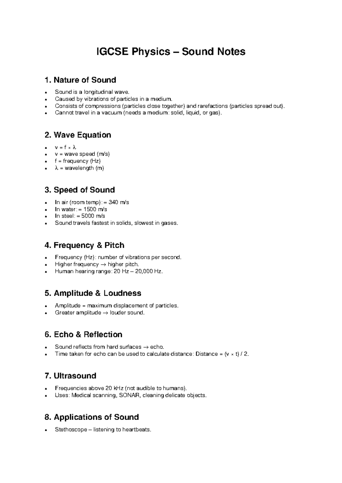 Igcse Physics Sound Notes Understanding Waves And Applications Studocu