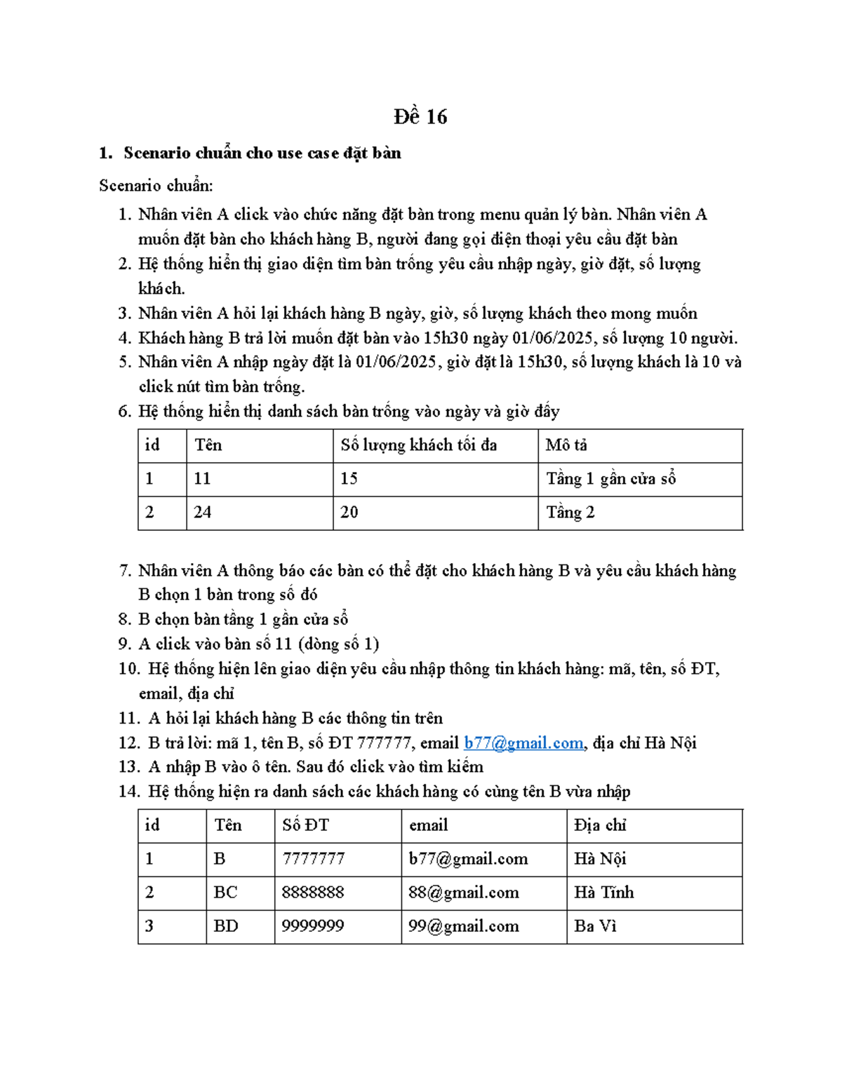Đề 16 - Scenario và Test Case cho Use Case Đặt Bàn - Studocu