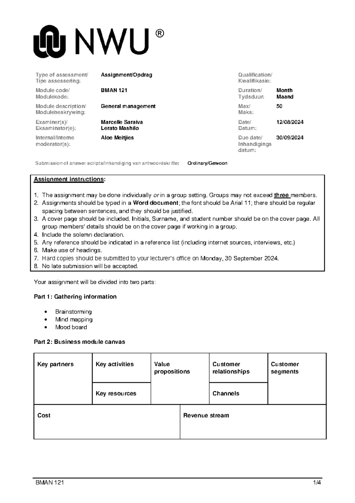 BMAN 121 Assignment 2024: Business Model Canvas & Product Development ...