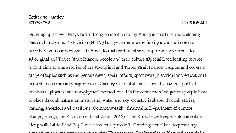 EDES105 AT1 Reflection on Aboriginal Culture and Connection to Country ...