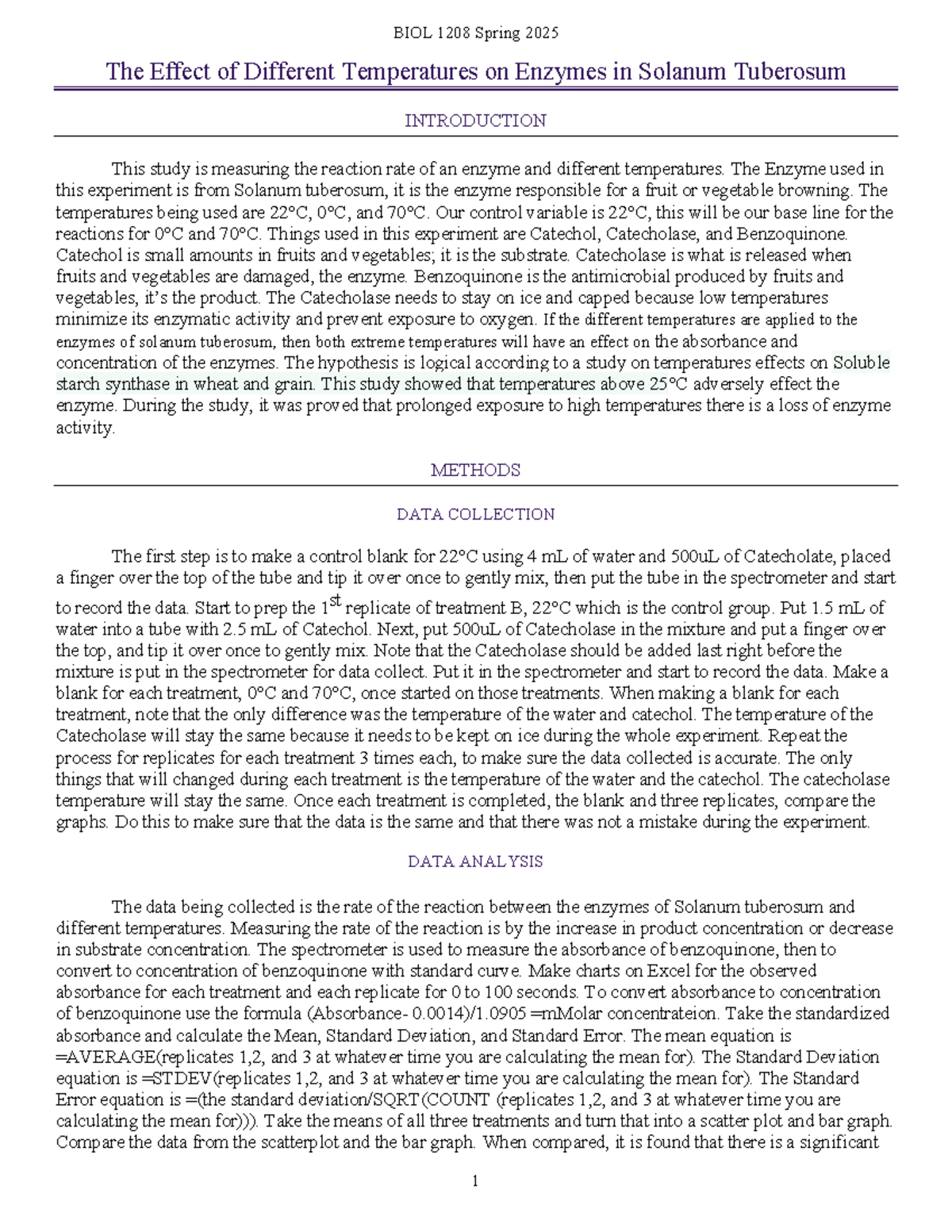 BIOL 1208 Spring 2025 Lab Report: Enzyme Activity in Solanum Tuberosum ...