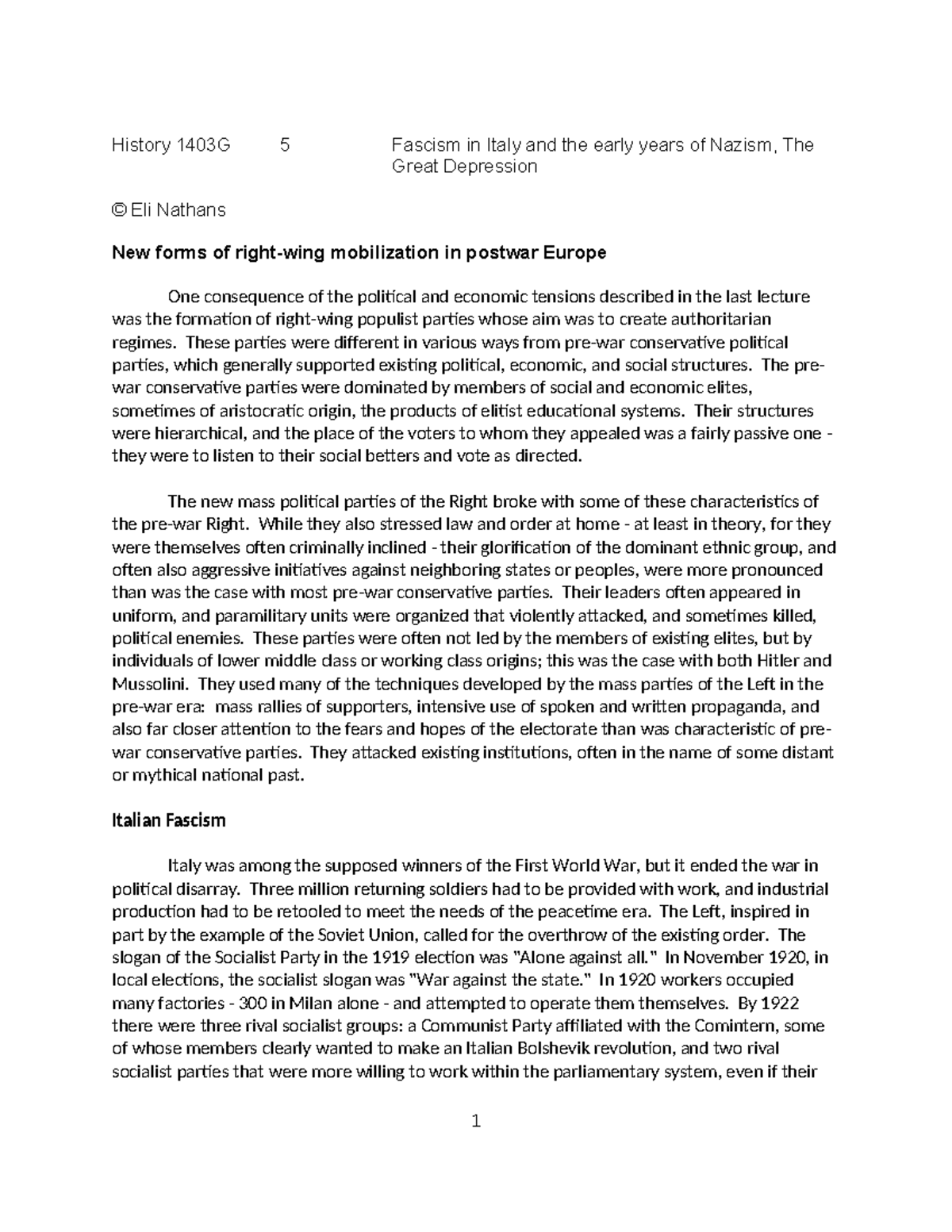 History 1403G Lecture 5: Italian Fascism, Nazism, and the Great ...