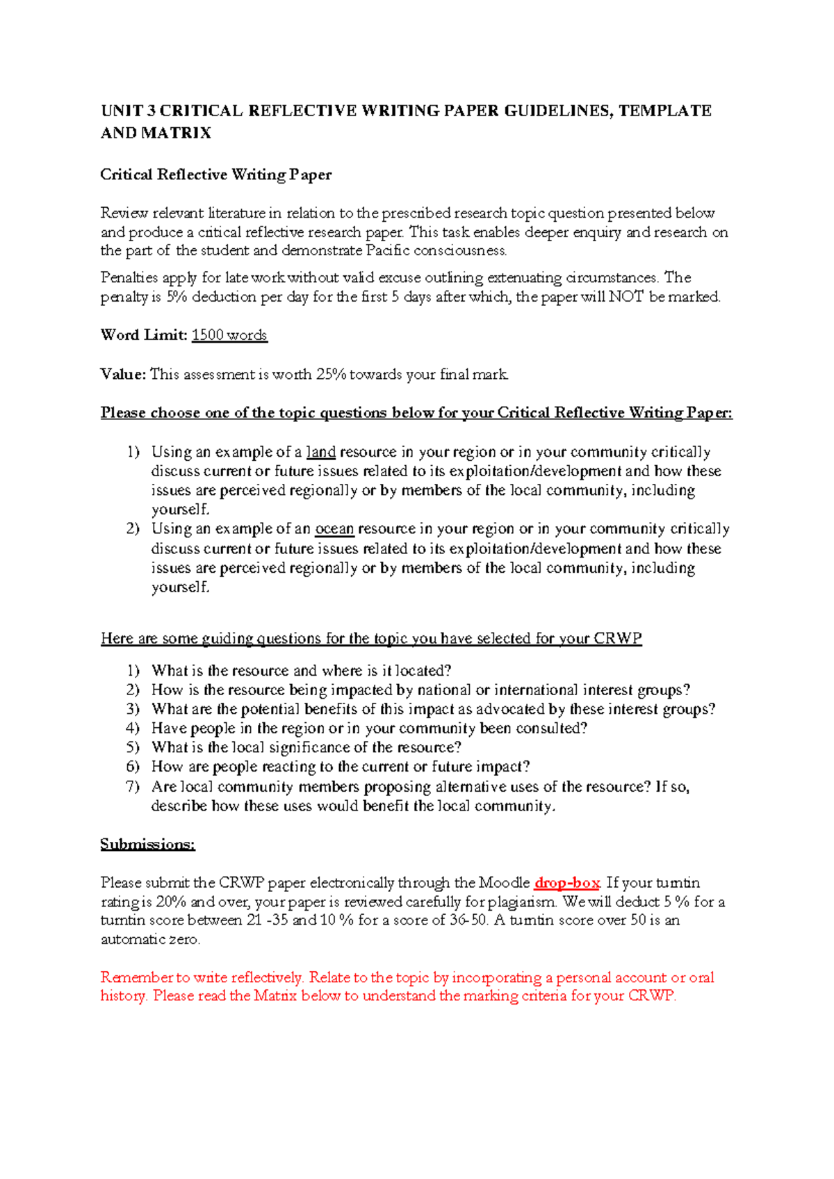 UNIT 3 Critical Reflective Writing Paper Guidelines, Template AND ...