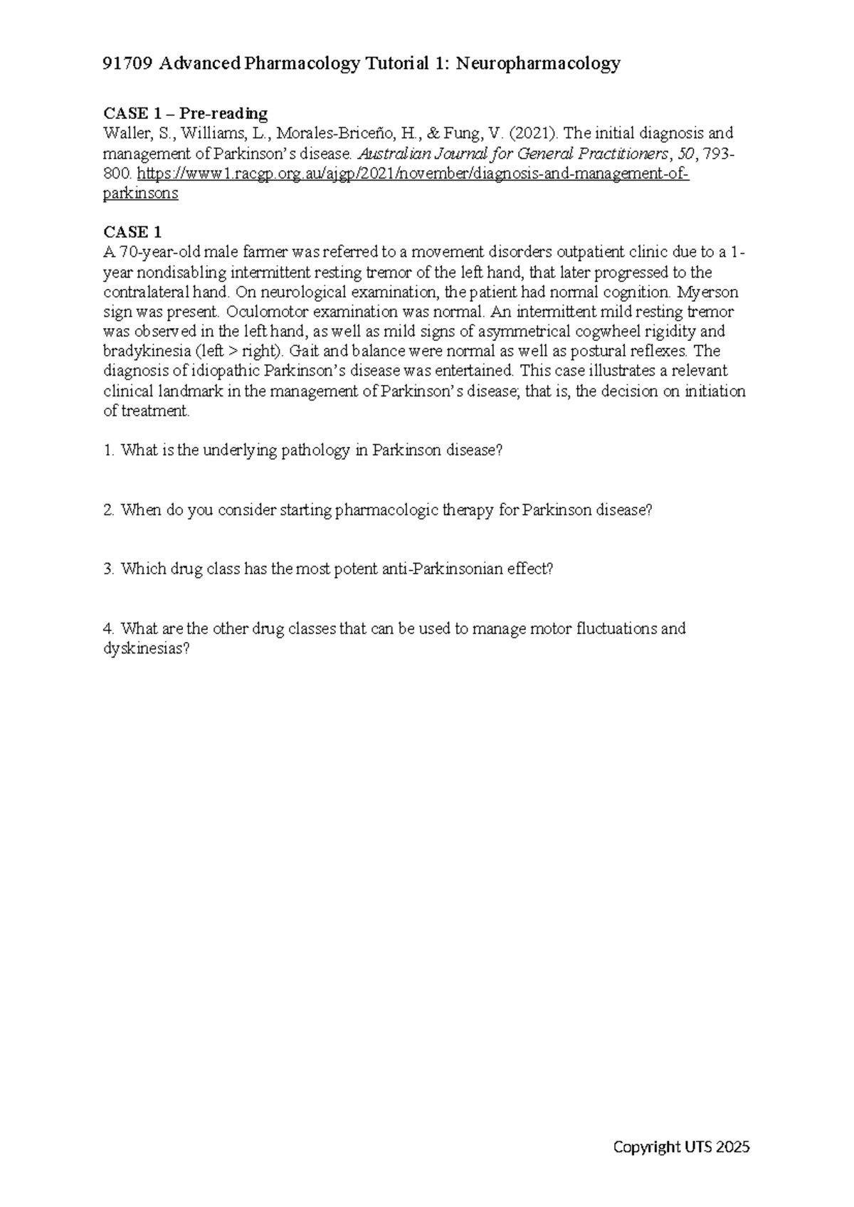 91709 Advanced Pharmacology Tutorial 1: Neuropharmacology Case Study ...