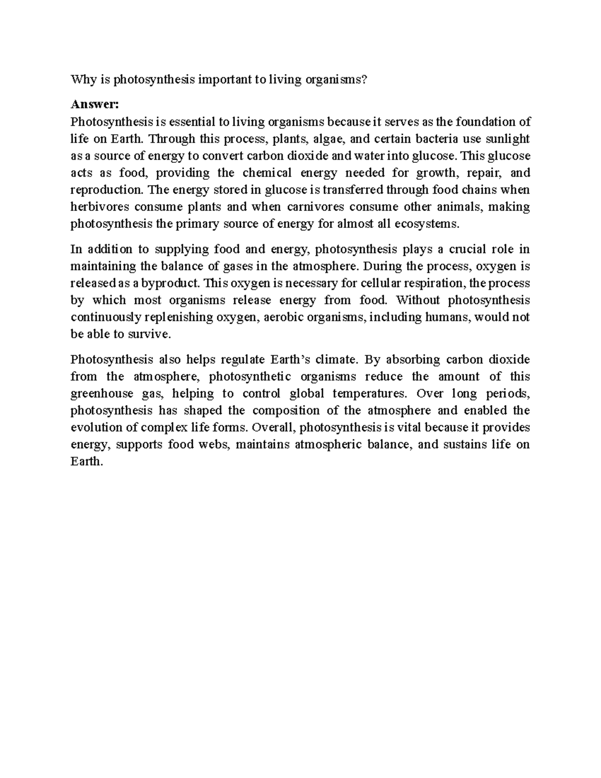 The Importance of Photosynthesis to Living Organisms - Studocu