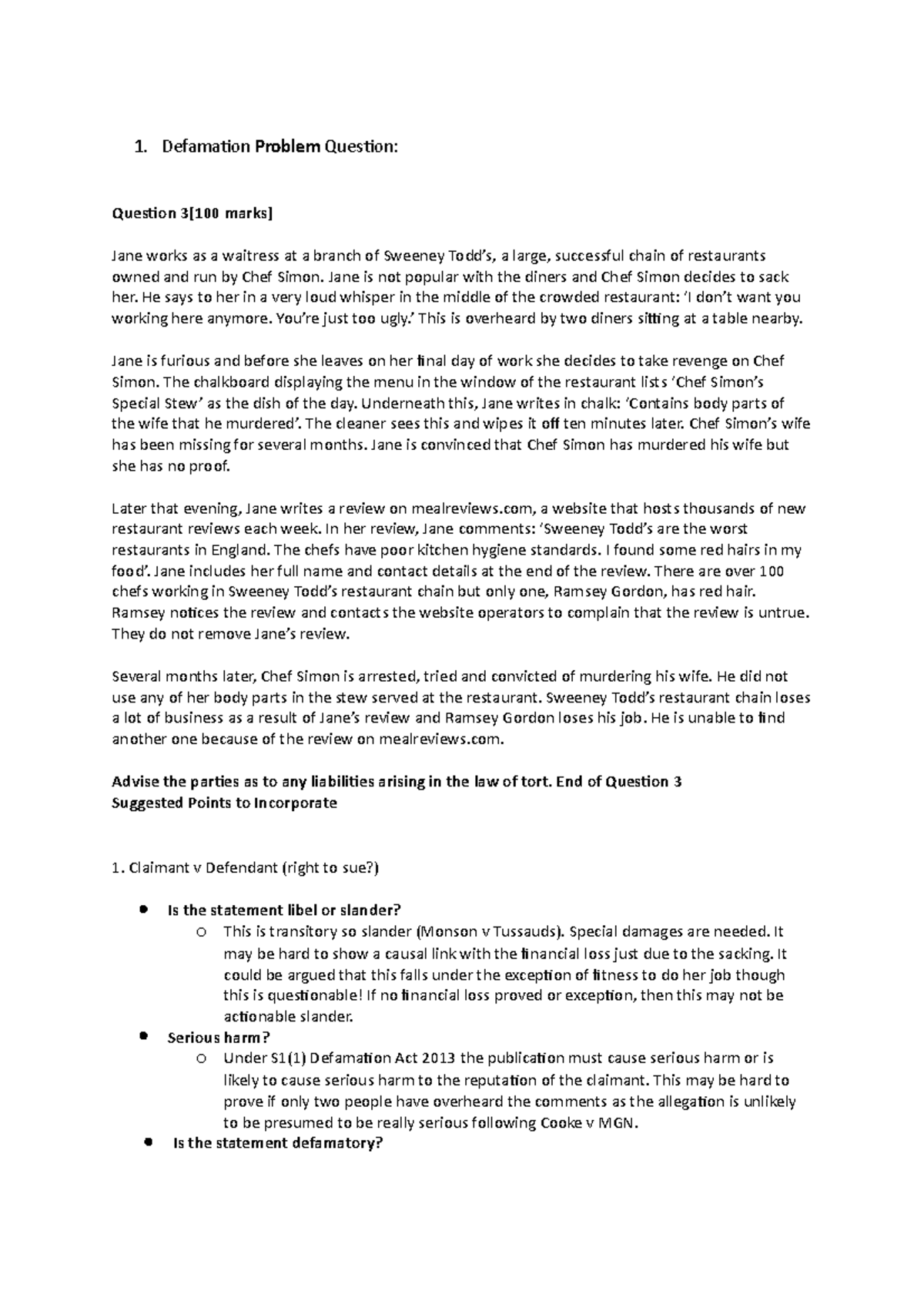 Defamation Problem Question Analysis: Key Legal Liabilities and ...