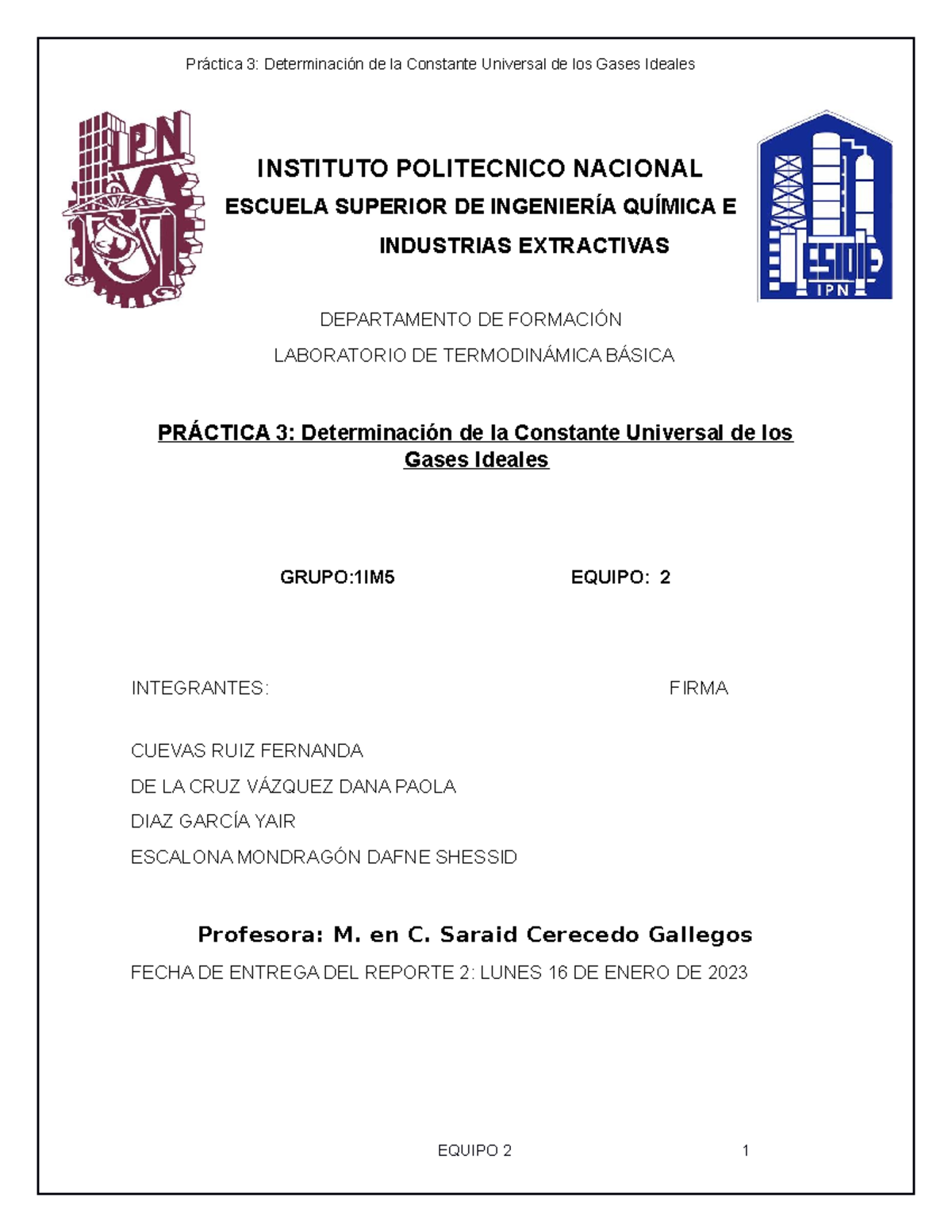 Práctica 3 Lab. Termodinámica - INSTITUTO POLITECNICO NACIONAL ESCUELA SUPERIOR DE INGENIERÍA ...