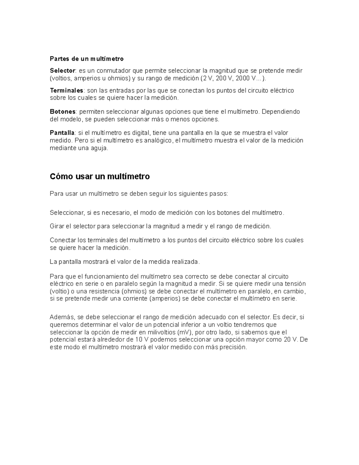Partes y Uso de un Multímetro: Guía Completa y Práctica - Studocu