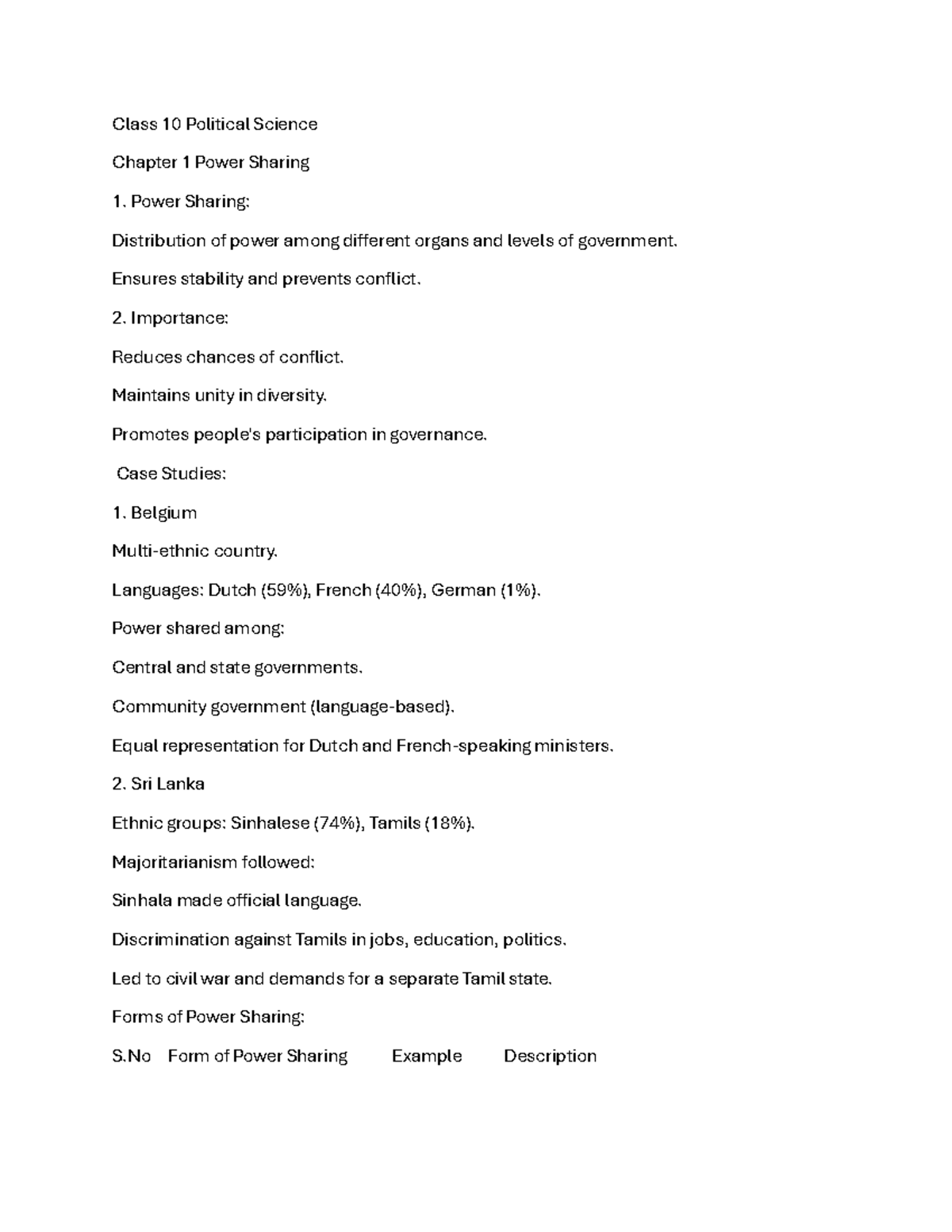 Class 10 Political Science Chapter 1: Power Sharing Notes - Studocu