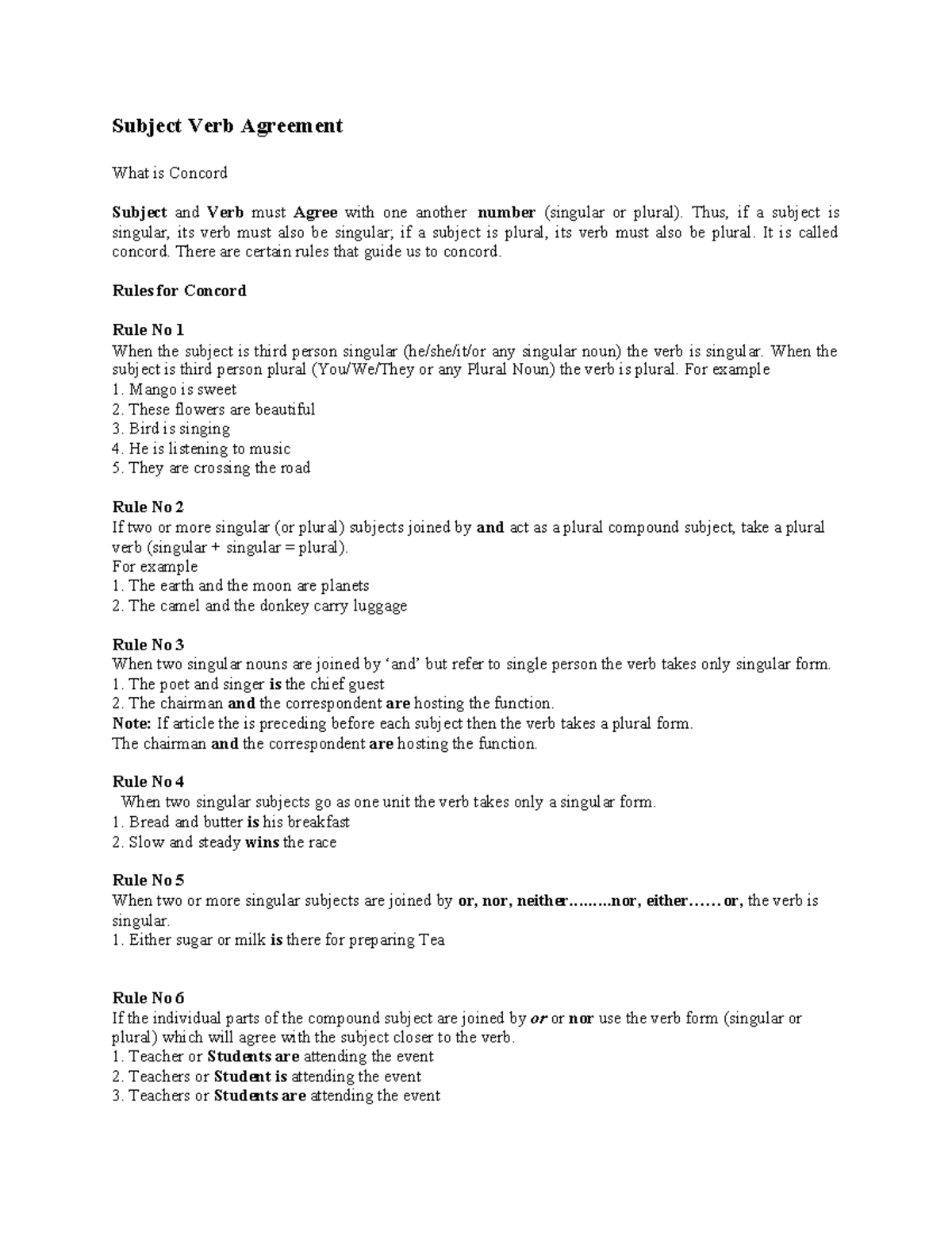 Subject-Verb Agreement: Understanding Concord Rules and Exercises - Studocu