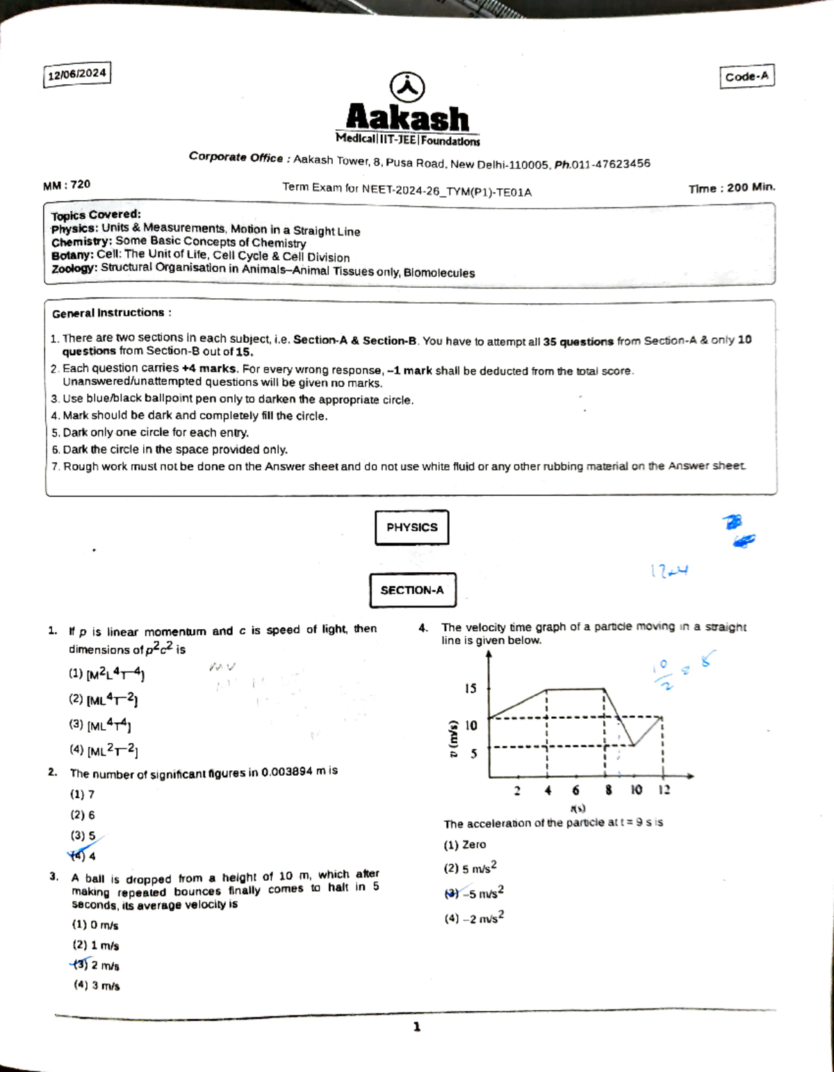 Practice Questions for NEET-2024: Aakash TE 1 (PCBZ) - Studocu