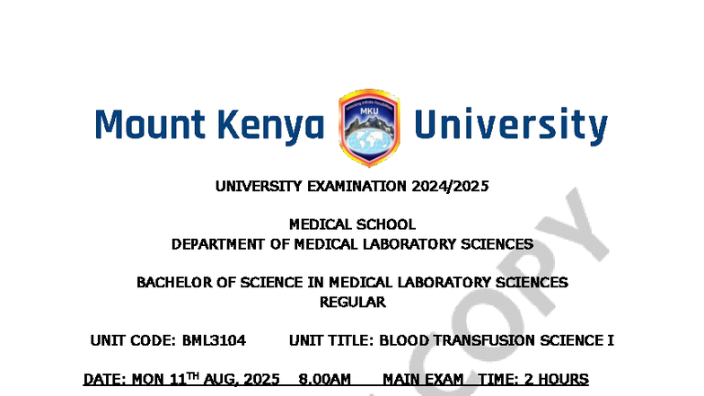 BML3104 Blood Transfusion Science I - Exam Paper - Studocu