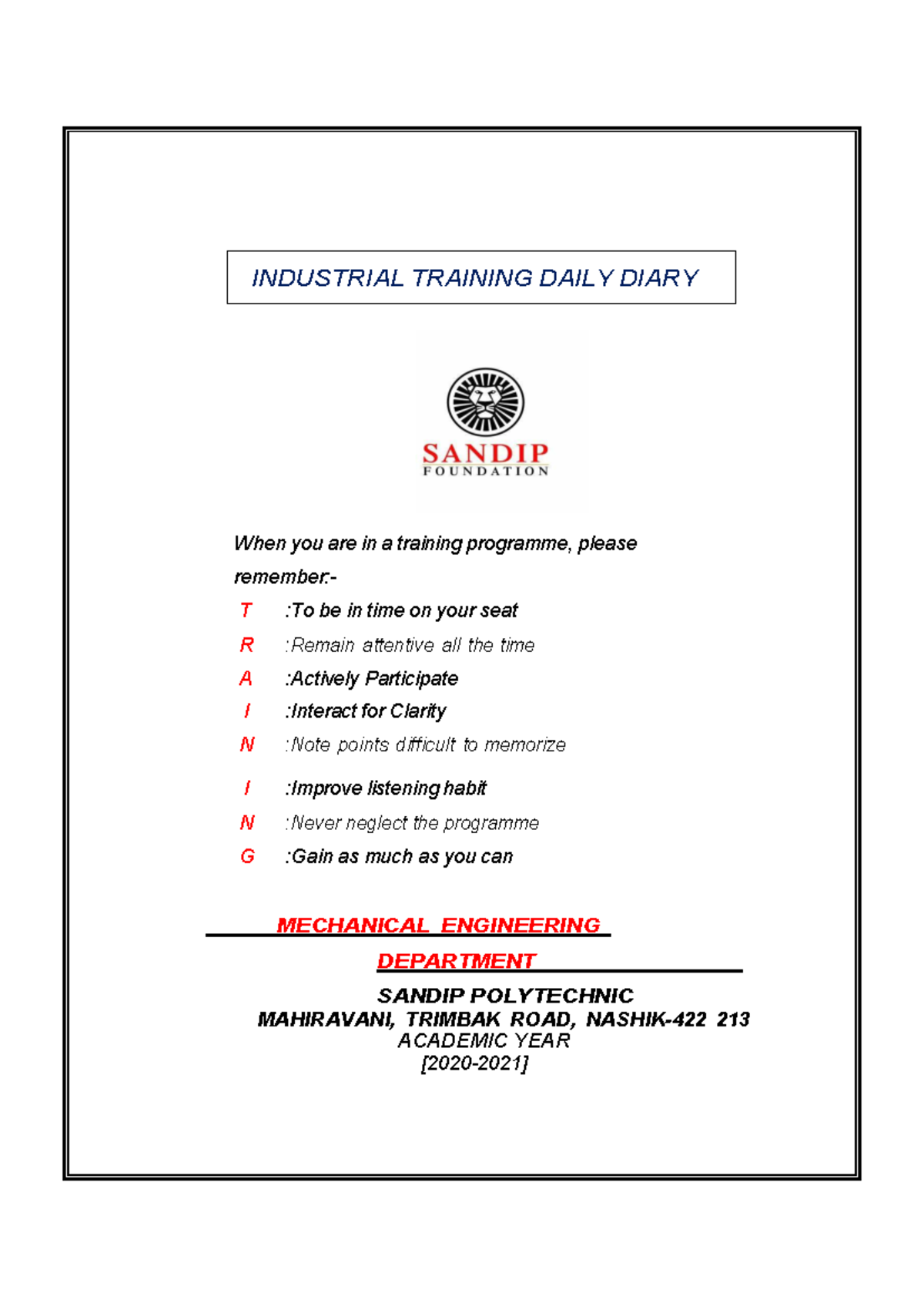 ME-INDUSTRIAL TRAINING DAILY DIARY - Yash Shinde - Studocu