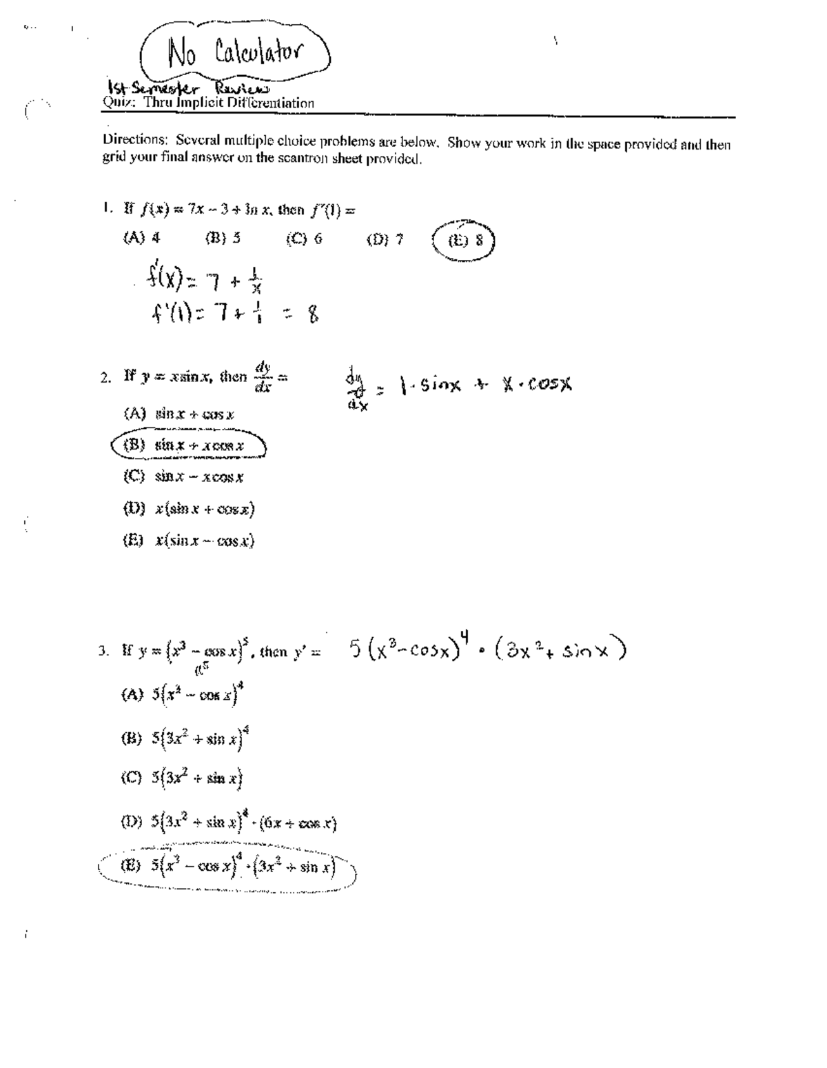 1st Semester AP Calculus Review Quiz: No Calculator Required - Studocu