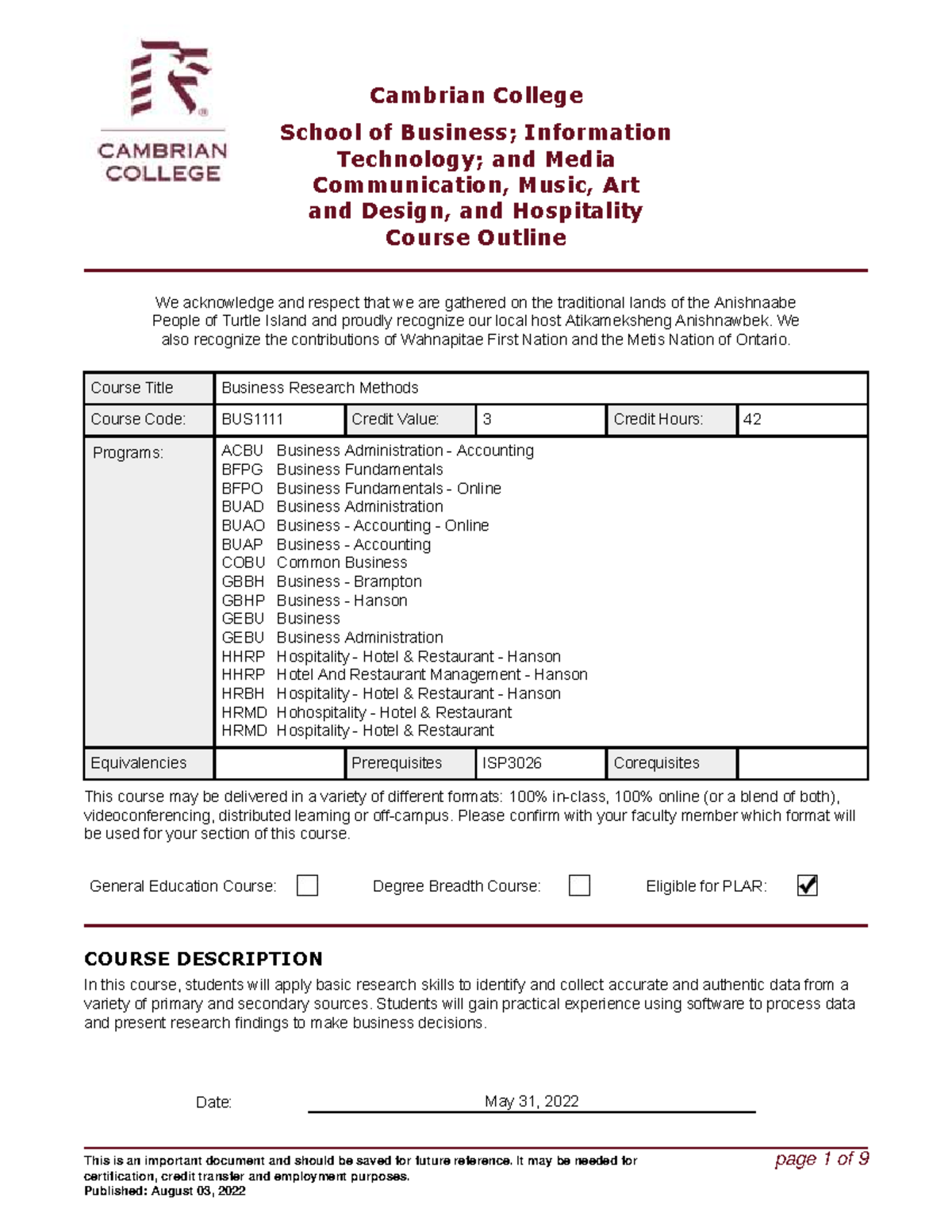 Cambrian College ACBU Business Research Methods Course Outline - Studocu