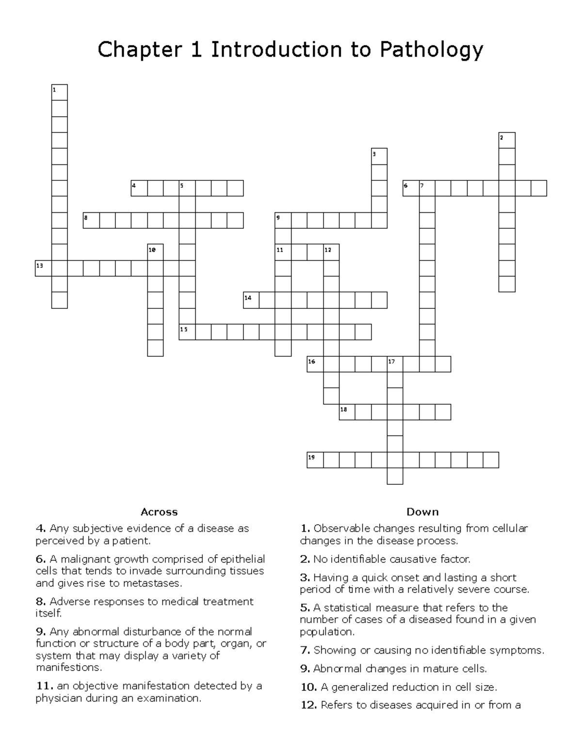 Crossword for Chapt 1: Intro to Pathology Key Terms - Studocu