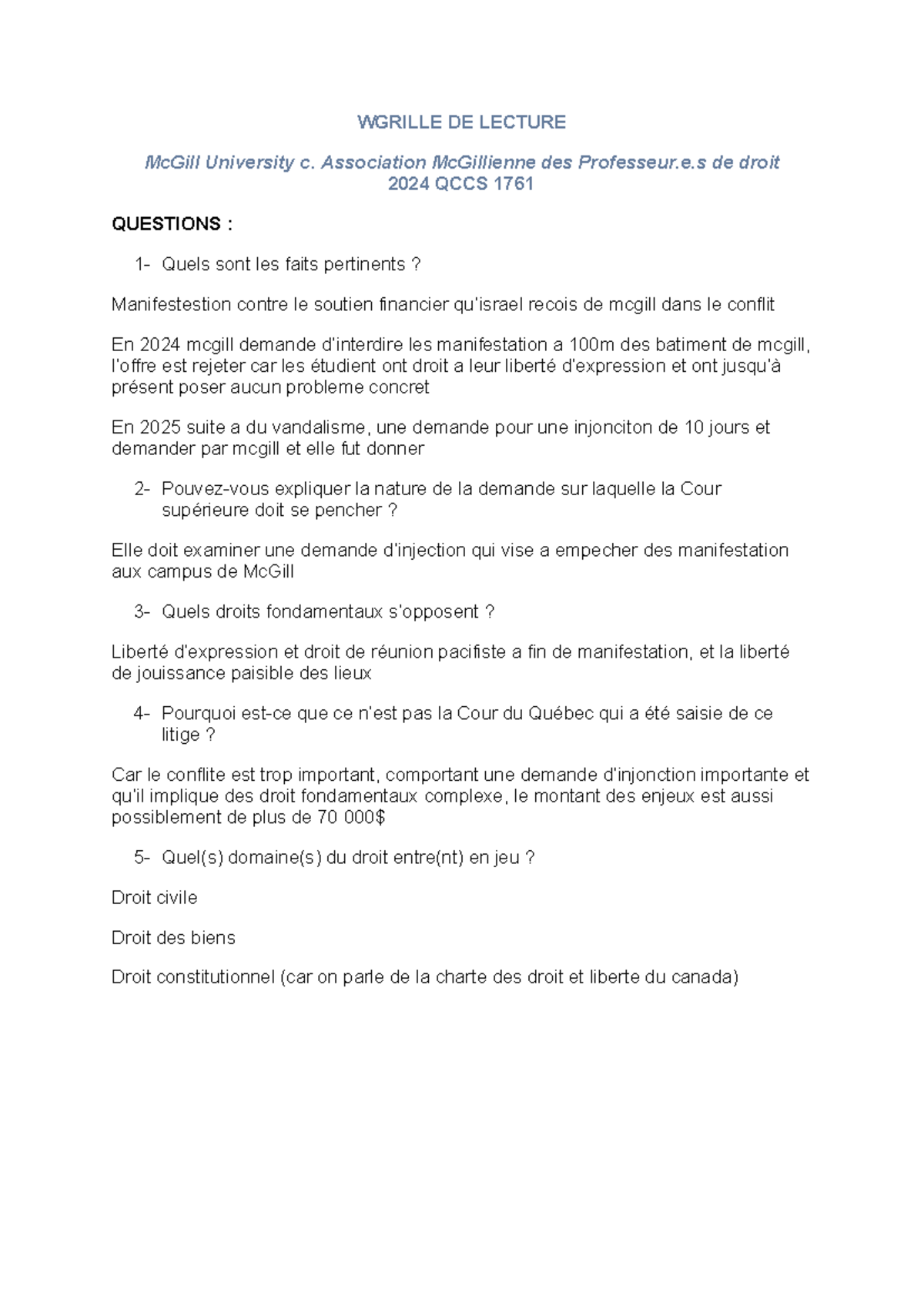 Grille de Lecture : McGill c. Professeurs de Droit - 2024 QCCS 1761 ...