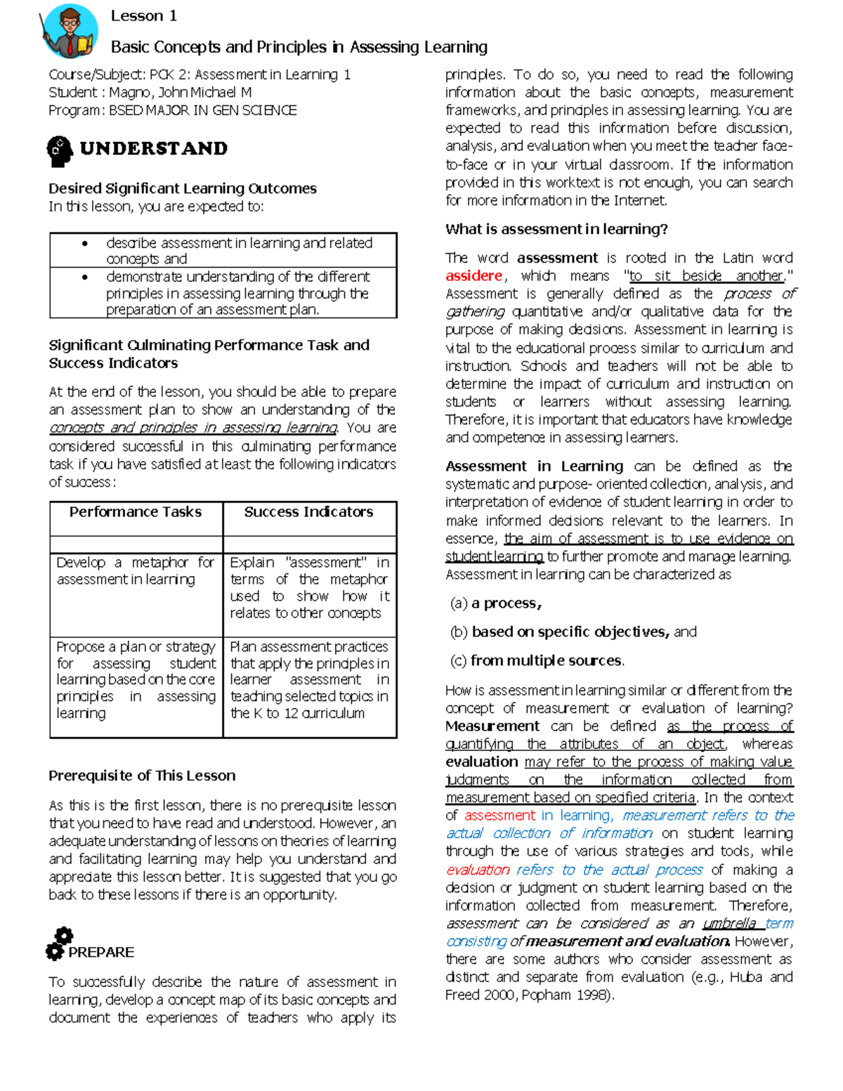 PCK 2: Assessment in Learning 1 - Lesson 1: Basic Concepts & Principles ...