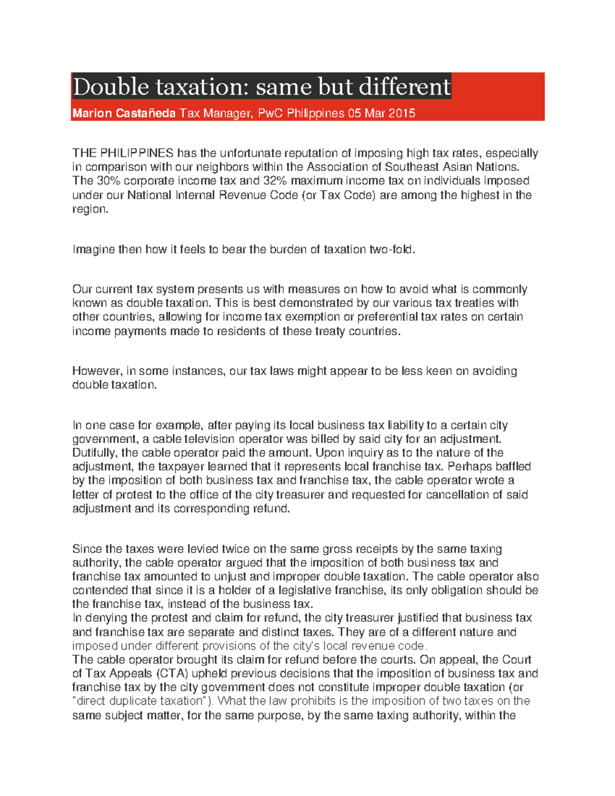 Week 01 Double Taxation Article Warning Tt Undefined Function 32 Double Taxation Same