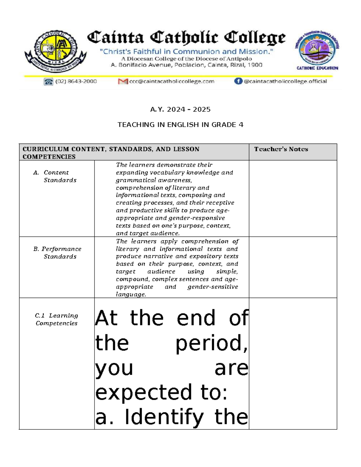 English Lesson Plan - A. 2024 – 2025 TEACHING IN ENGLISH IN GRADE 4 ...