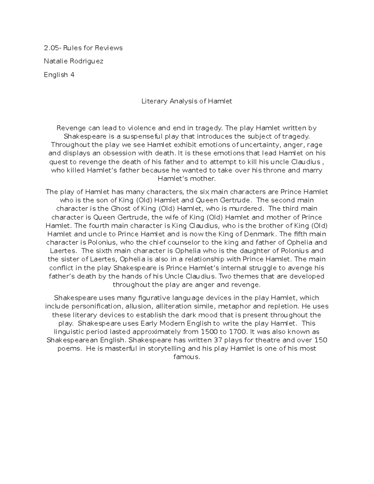 English 4: Literary Analysis & Review of Hamlet's Revenge Themes - Studocu
