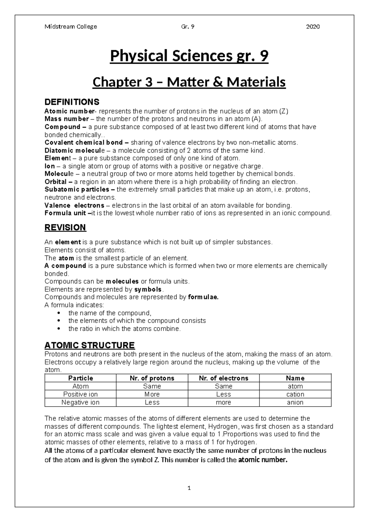 Gr 9 Physical Sciences: Chapter 3 – Matter, Materials & Balancing - Studocu