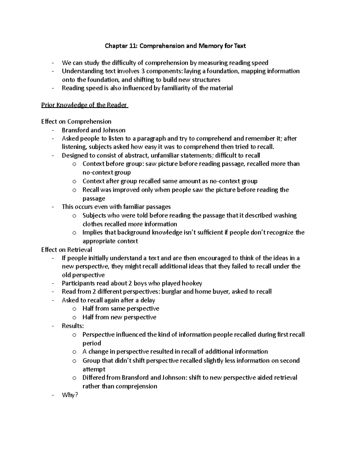 Chapter 11 Notes - Chapter 11: Comprehension and Memory for Text We can ...