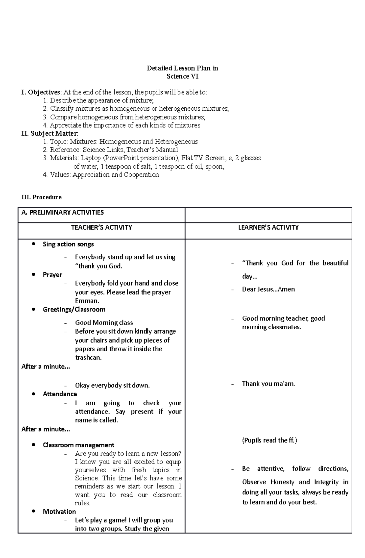 Detailed Lesson Plan in Science VI: Mixtures & Their Types - Studocu