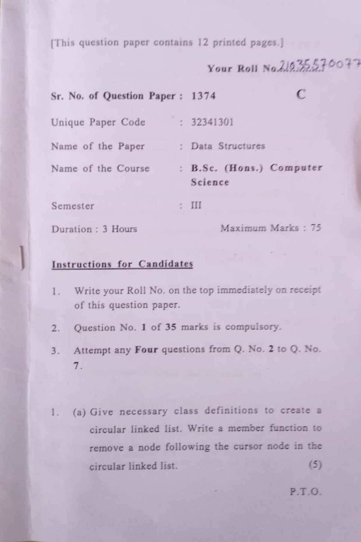 Data Structures QP 32341301 B.Sc. (Hons.) CS Sem 2 Exam 2022-23 - Studocu