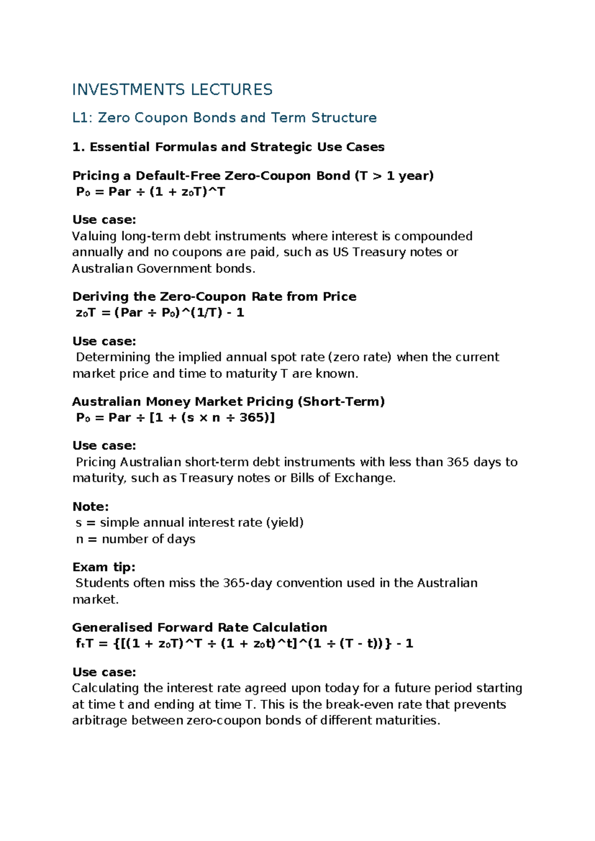 Investments L1: Zero Coupon Bonds & Term Structure - Key Concepts - Studocu