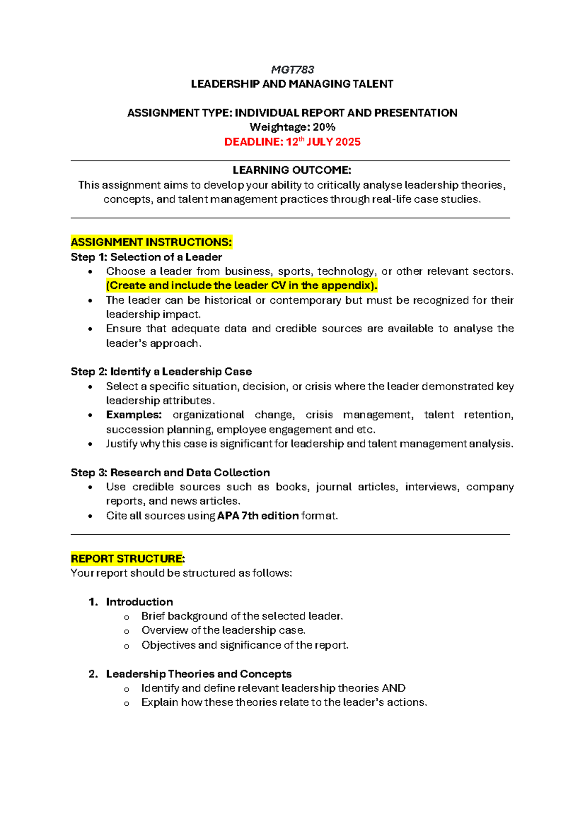 MGT783 Leadership & Talent Management: Individual Report Guidelines ...