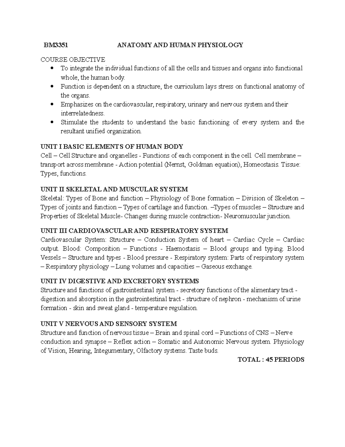 BM3351 Anatomy & Human Physiology - Syllabus & Question Bank - Studocu