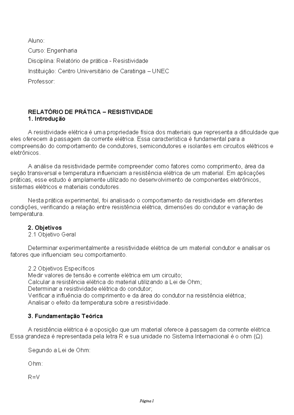 Relatório de Prática: Resistividade Elétrica em Materiais - Engenharia ...