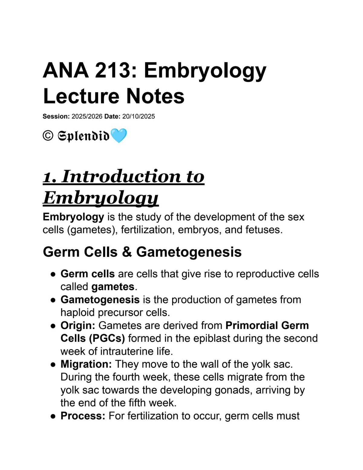 ANA 213: Embryology Lecture Notes Overview and Key Concepts - Studocu