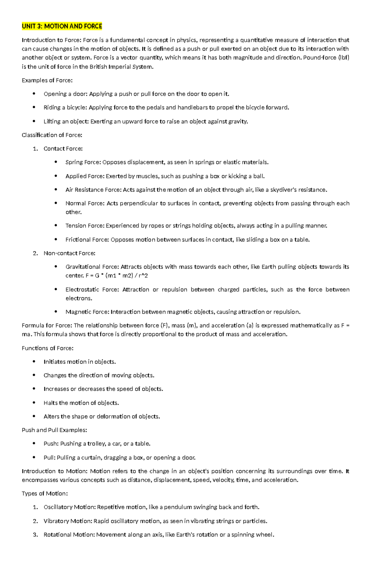 Lecture-NOTE- Midterm - UNIT 3: MOTION AND FORCE Introduction to Force ...