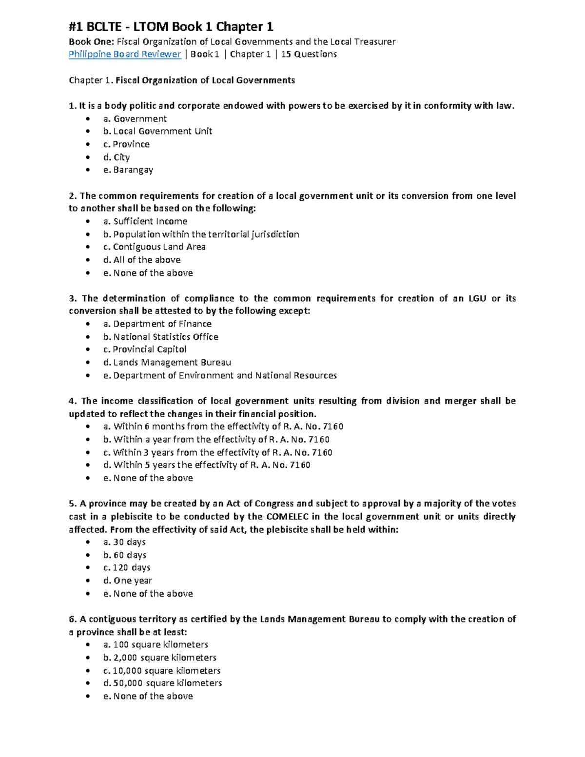 BCLTE - LTOM Book 1 Chapters 1-6 Reviewer with 20 Questions Each - Studocu
