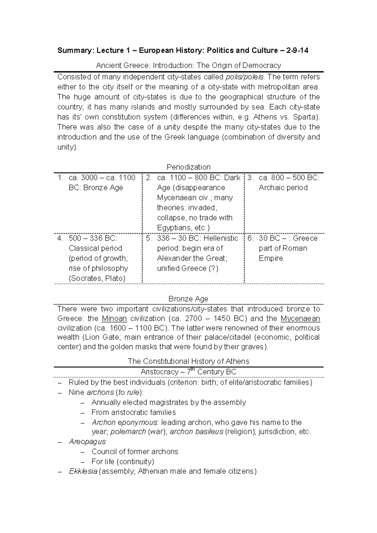 Lecture Notes: European History (HIST 101) - Politics & Culture ...