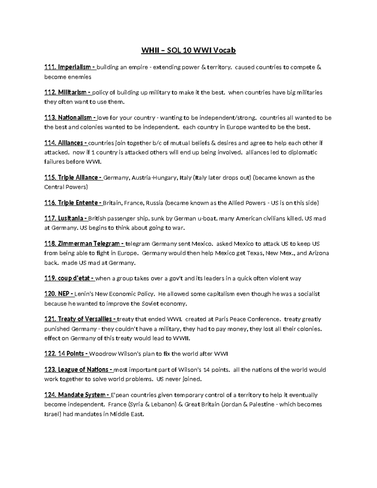 WHII SOL 10 WWI vocabulary and key concepts for understanding events ...