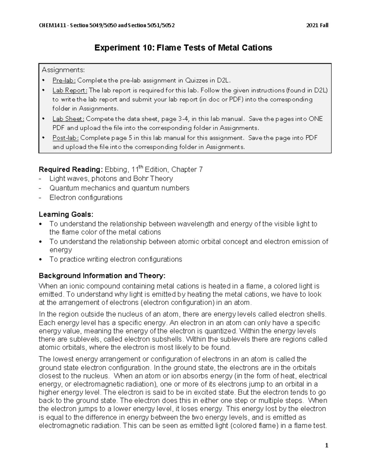 Lab Manual - Experiment 10: Flame Tests of Metal Cations - Studocu