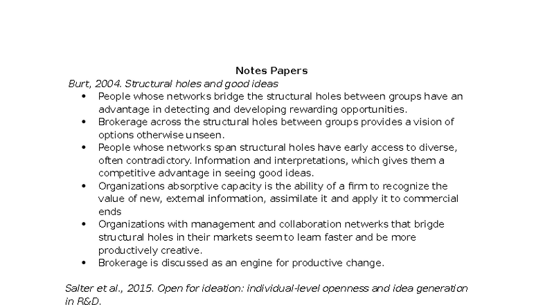 Structural Holes and Idea Generation: Notes on Burt & Salter - Studeersnel